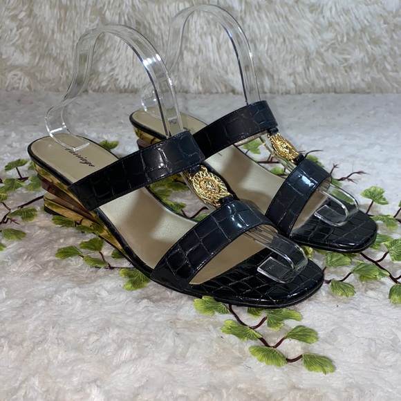 Carriage Court | Shoes | Retro Gold Tone Lucite Wedged Backless Sandals ...